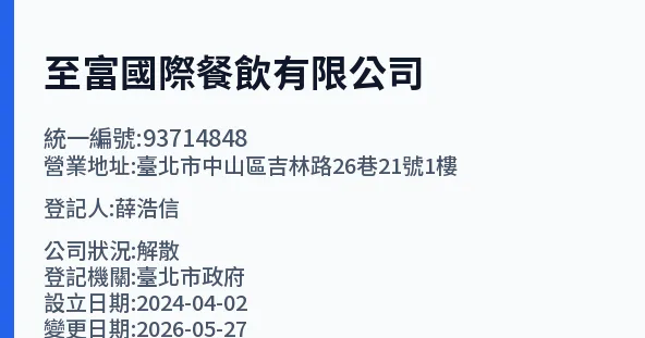 至富國際餐飲有限公司的照片-統編 93714848(臺北市) 公司登記資料與營業項目詳細圖表
