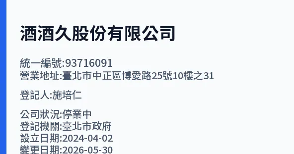 酒酒久股份有限公司的照片-統編 93716091(臺北市) 公司登記資料與營業項目詳細圖表