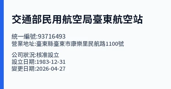 交通部民用航空局臺東航空站的照片-統編 93716493(臺東縣) 公司登記資料與營業項目詳細圖表