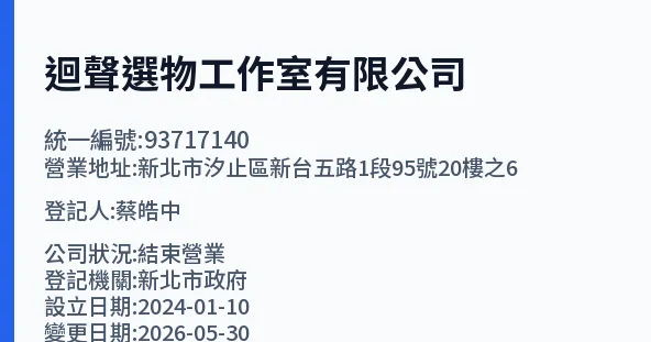 迴聲選物工作室有限公司的照片-統編 93717140(新北市) 公司登記資料與營業項目詳細圖表