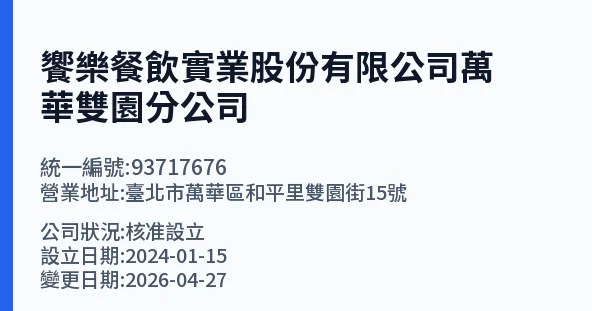 饗樂餐飲實業股份有限公司萬華雙園分公司的照片-統編 93717676(臺北市) 公司登記資料與營業項目詳細圖表