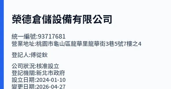 榮德倉儲設備有限公司的照片-統編 93717681(桃園市) 公司登記資料與營業項目詳細圖表