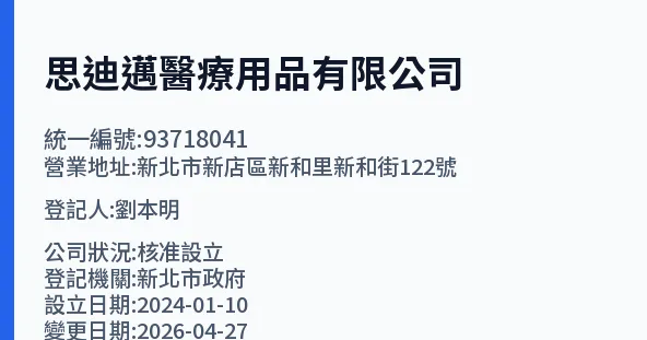 思迪邁醫療用品有限公司的照片-統編 93718041(新北市) 公司登記資料與營業項目詳細圖表