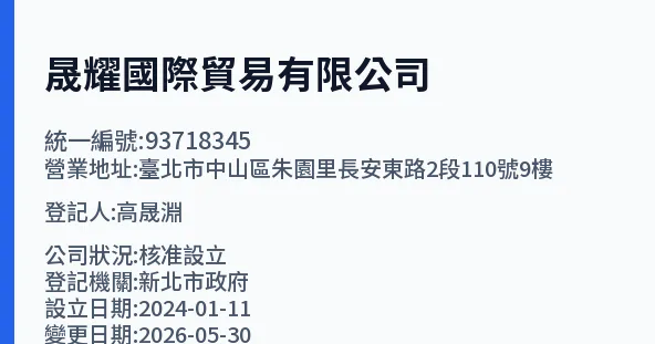 晟耀國際貿易有限公司的照片-統編 93718345(臺北市) 公司登記資料與營業項目詳細圖表