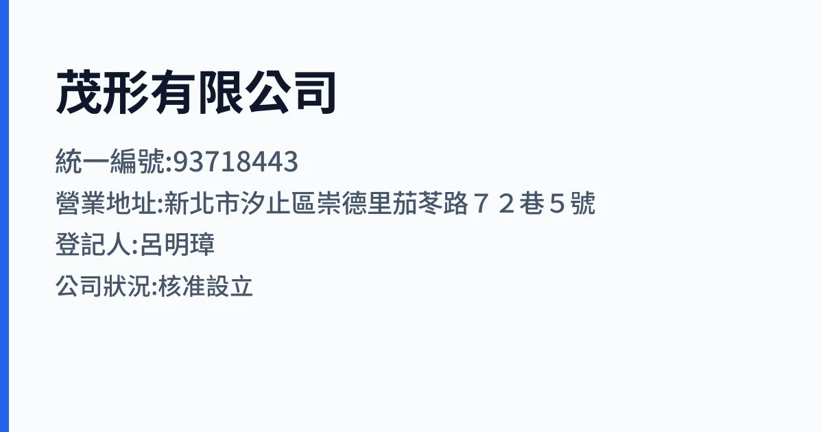 茂形有限公司 - 統編 93718443(新北市) 公司登記資料與營業項目詳細圖表
