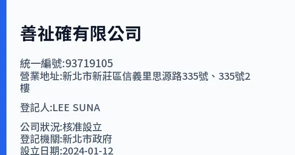 善祉確有限公司的照片-統編 93719105(新北市) 公司登記資料與營業項目詳細圖表