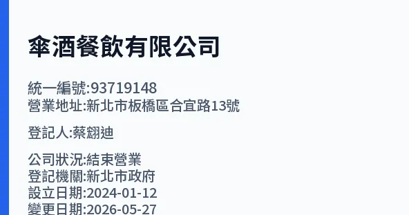 傘酒餐飲有限公司的照片-統編 93719148(新北市) 公司登記資料與營業項目詳細圖表
