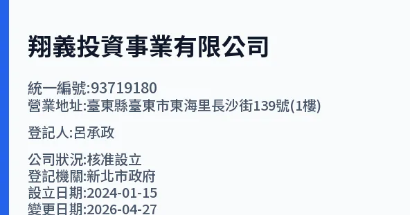 翔義投資事業有限公司的照片-統編 93719180(臺東縣) 公司登記資料與營業項目詳細圖表