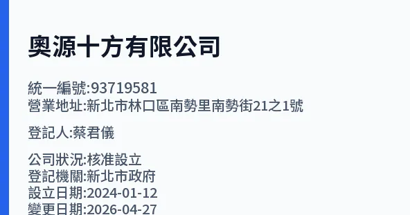 奧源十方有限公司的照片-統編 93719581(新北市) 公司登記資料與營業項目詳細圖表