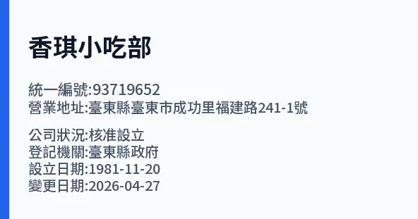 香琪小吃部的照片-統編 93719652(臺東縣) 公司登記資料與營業項目詳細圖表