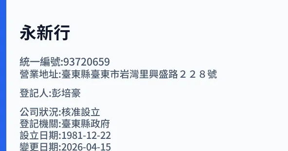 永新行的照片-統編 93720659(臺東縣) 公司登記資料與營業項目詳細圖表