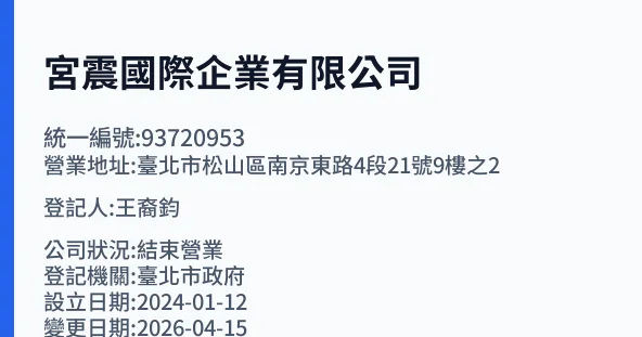 宮震國際企業有限公司的照片-統編 93720953(臺北市) 公司登記資料與營業項目詳細圖表