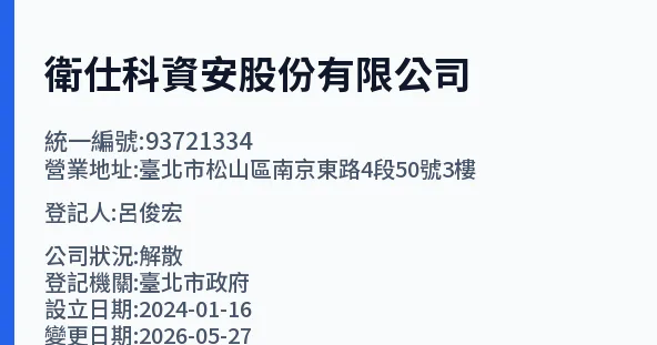 衛仕科資安股份有限公司的照片-統編 93721334(臺北市) 公司登記資料與營業項目詳細圖表