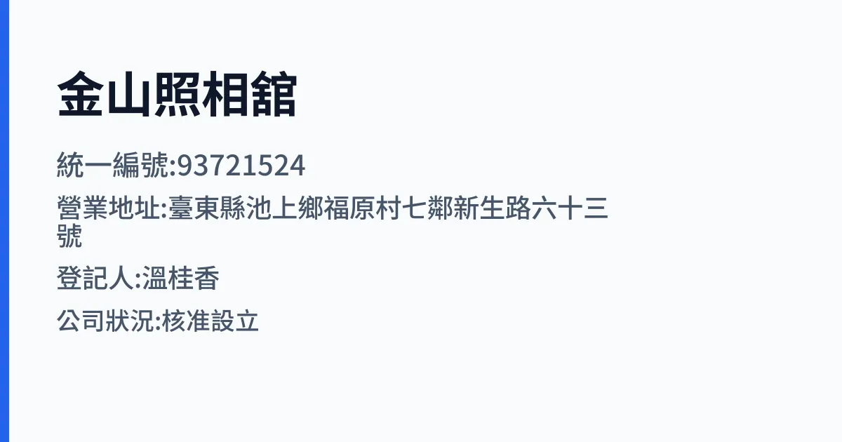 金山照相舘 - 統編 93721524(臺東縣) 公司登記資料與營業項目詳細圖表