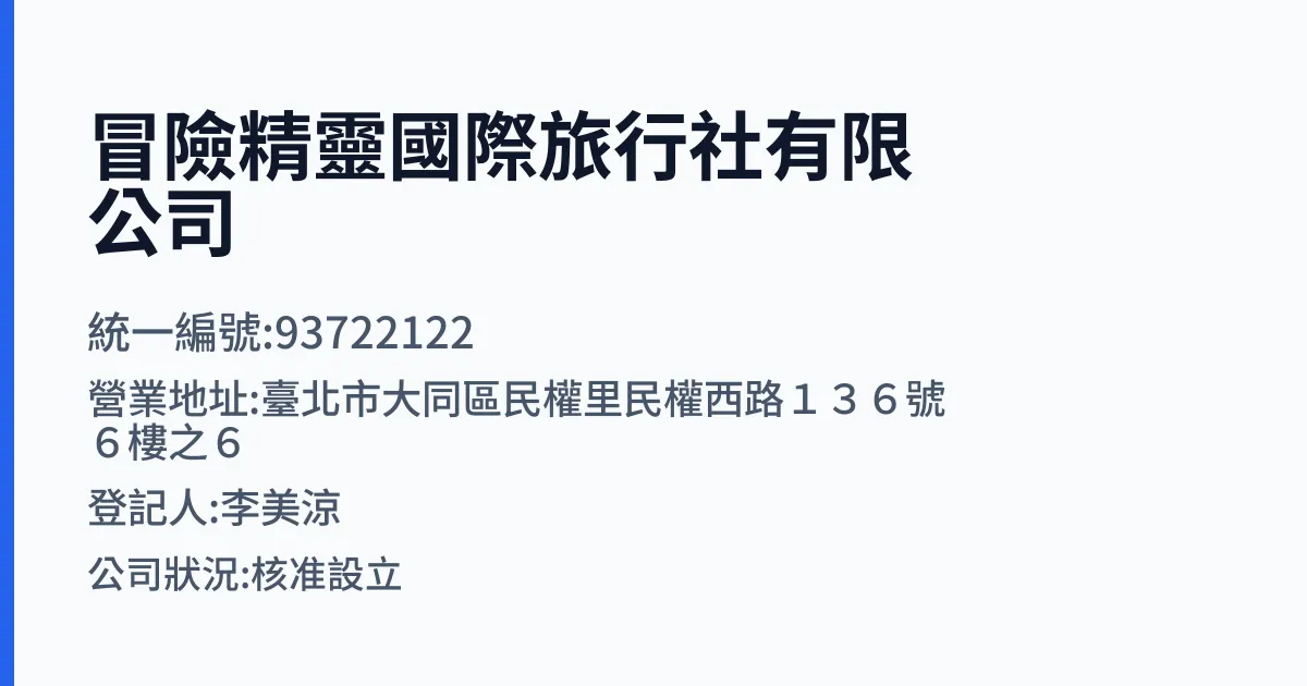 冒險精靈國際旅行社有限公司 - 統編 93722122(臺北市) 公司登記資料與營業項目詳細圖表