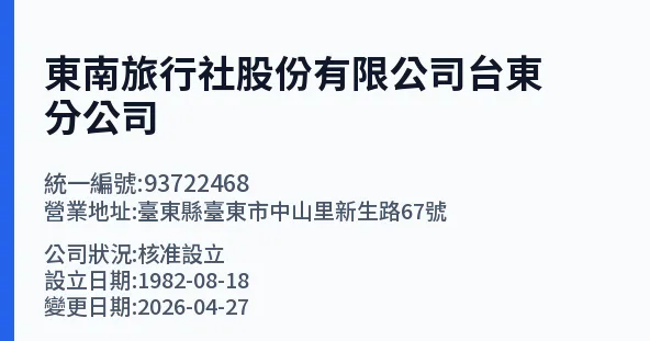 東南旅行社股份有限公司台東分公司的照片-統編 93722468(臺東縣) 公司登記資料與營業項目詳細圖表