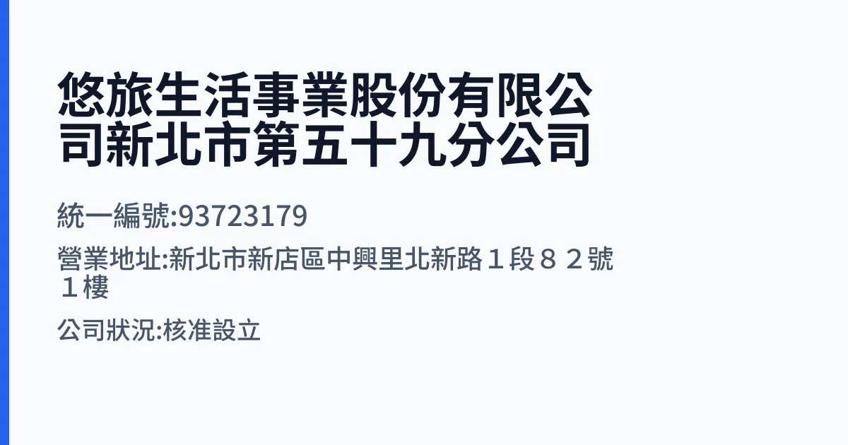 悠旅生活事業股份有限公司新北市第五十九分公司 - 統編 93723179(新北市) 公司登記資料與營業項目詳細圖表