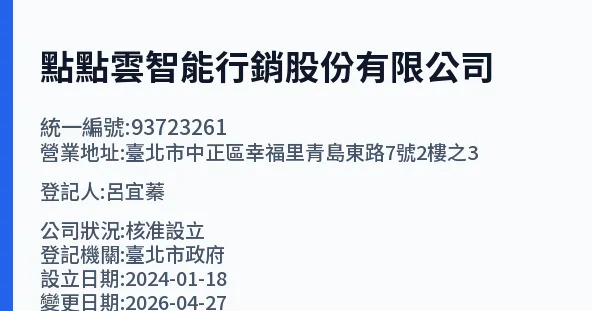 點點雲智能行銷股份有限公司的照片-統編 93723261(臺北市) 公司登記資料與營業項目詳細圖表