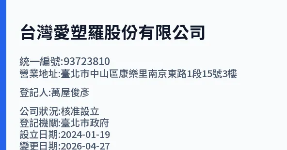 台灣愛塑羅股份有限公司的照片-統編 93723810(臺北市) 公司登記資料與營業項目詳細圖表