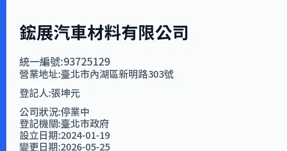 鋐展汽車材料有限公司的照片-統編 93725129(臺北市) 公司登記資料與營業項目詳細圖表