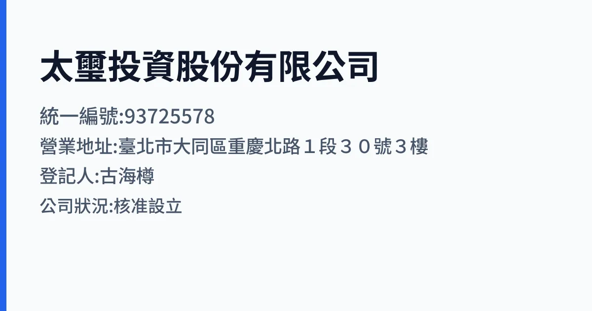 太璽投資股份有限公司 - 統編 93725578(臺北市) 公司登記資料與營業項目詳細圖表