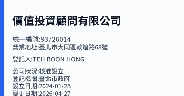 價值投資顧問有限公司的照片-統編 93726014(臺北市) 公司登記資料與營業項目詳細圖表