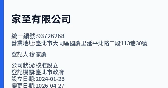 家至有限公司的照片-統編 93726268(臺北市) 公司登記資料與營業項目詳細圖表