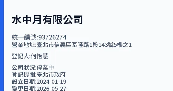 水中月有限公司的照片-統編 93726274(臺北市) 公司登記資料與營業項目詳細圖表