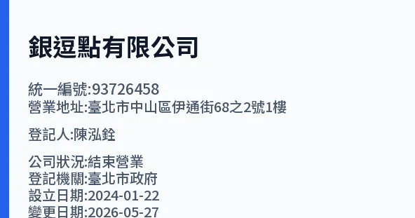 銀逗點有限公司的照片-統編 93726458(臺北市) 公司登記資料與營業項目詳細圖表