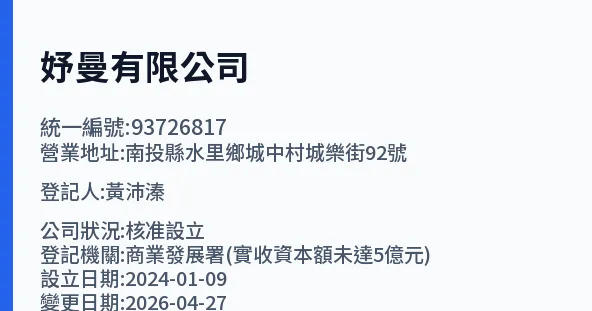 妤曼有限公司的照片-統編 93726817(南投縣) 公司登記資料與營業項目詳細圖表
