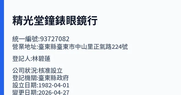 精光堂鐘錶眼鏡行的照片-統編 93727082(臺東縣) 公司登記資料與營業項目詳細圖表
