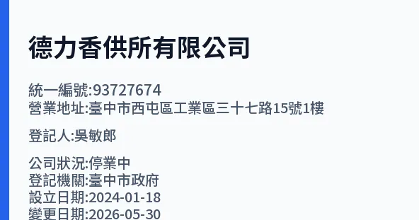 德力香供所有限公司的照片-統編 93727674(臺中市) 公司登記資料與營業項目詳細圖表