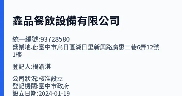 鑫品餐飲設備有限公司的照片-統編 93728580(臺中市) 公司登記資料與營業項目詳細圖表