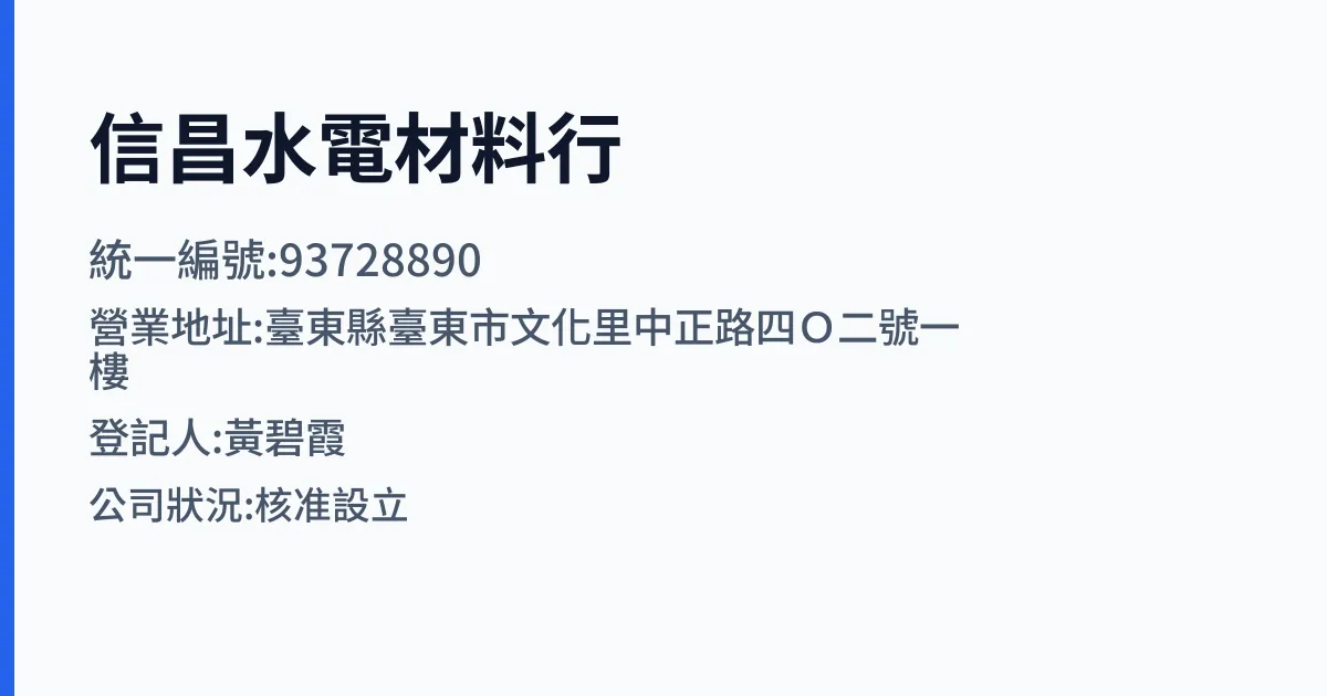 信昌水電材料行 - 統編 93728890(臺東縣) 公司登記資料與營業項目詳細圖表