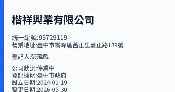 楷祥興業有限公司的照片-統編 93729119(臺中市) 公司登記資料與營業項目詳細圖表
