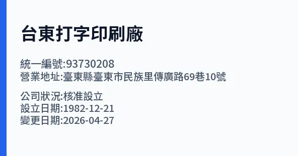 台東打字印刷廠的照片-統編 93730208(臺東縣) 公司登記資料與營業項目詳細圖表