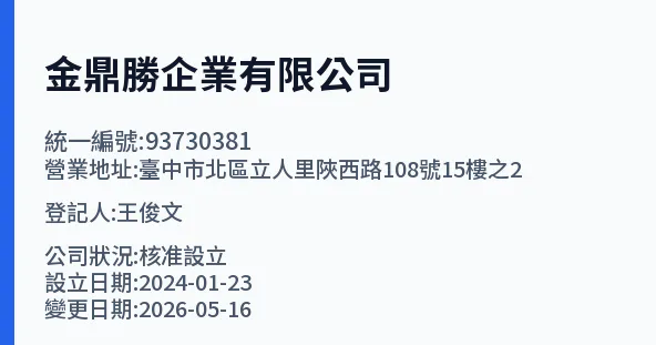 金鼎勝企業有限公司的照片-統編 93730381(臺中市) 公司登記資料與營業項目詳細圖表