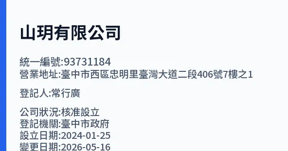 山玥有限公司的照片-統編 93731184(臺中市) 公司登記資料與營業項目詳細圖表