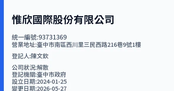 惟欣國際股份有限公司的照片-統編 93731369(臺中市) 公司登記資料與營業項目詳細圖表