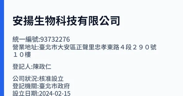 安揚生物科技有限公司的照片-統編 93732276(臺北市) 公司登記資料與營業項目詳細圖表