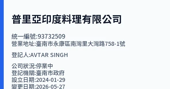 普里亞印度料理有限公司的照片-統編 93732509(臺南市) 公司登記資料與營業項目詳細圖表