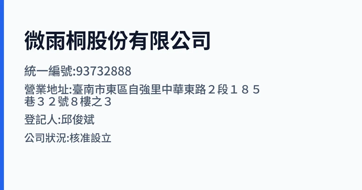 微雨桐股份有限公司 - 統編 93732888(臺南市) 公司登記資料與營業項目詳細圖表