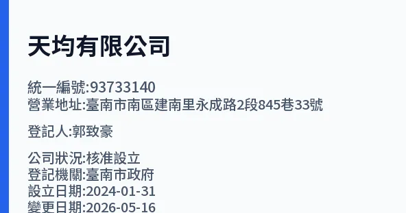 天均有限公司的照片-統編 93733140(臺南市) 公司登記資料與營業項目詳細圖表