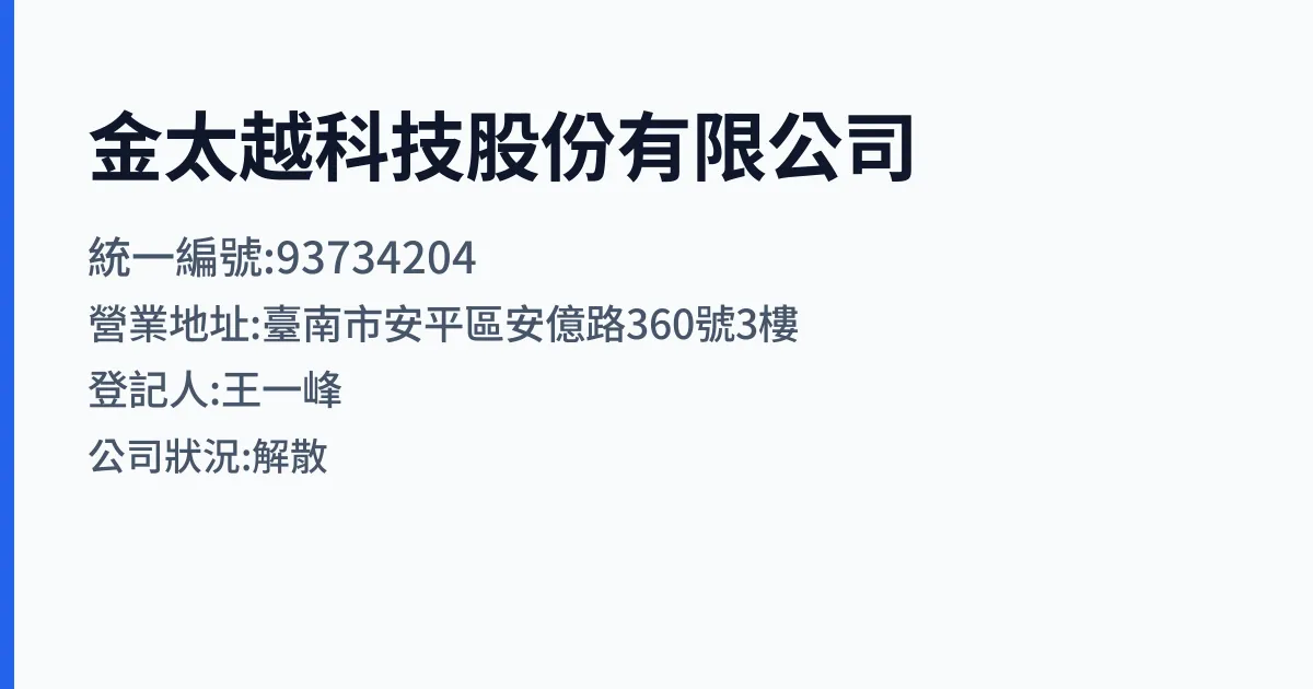 金太越科技股份有限公司 - 統編 93734204(臺南市) 公司登記資料與營業項目詳細圖表