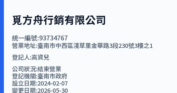 覓方舟行銷有限公司的照片-統編 93734767(臺南市) 公司登記資料與營業項目詳細圖表