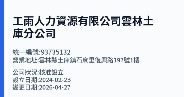 工雨人力資源有限公司雲林土庫分公司的照片-統編 93735132(雲林縣) 公司登記資料與營業項目詳細圖表