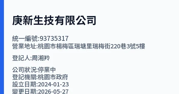 庚新生技有限公司的照片-統編 93735317(桃園市) 公司登記資料與營業項目詳細圖表