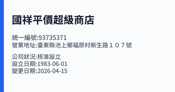 國祥平價超級商店的照片-統編 93735371(臺東縣) 公司登記資料與營業項目詳細圖表