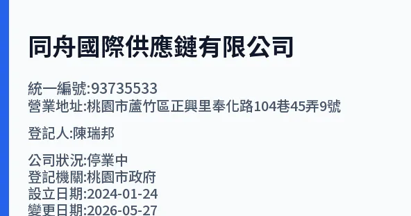 同舟國際供應鏈有限公司的照片-統編 93735533(桃園市) 公司登記資料與營業項目詳細圖表