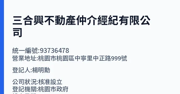 三合興不動產仲介經紀有限公司的照片-統編 93736478(桃園市) 公司登記資料與營業項目詳細圖表